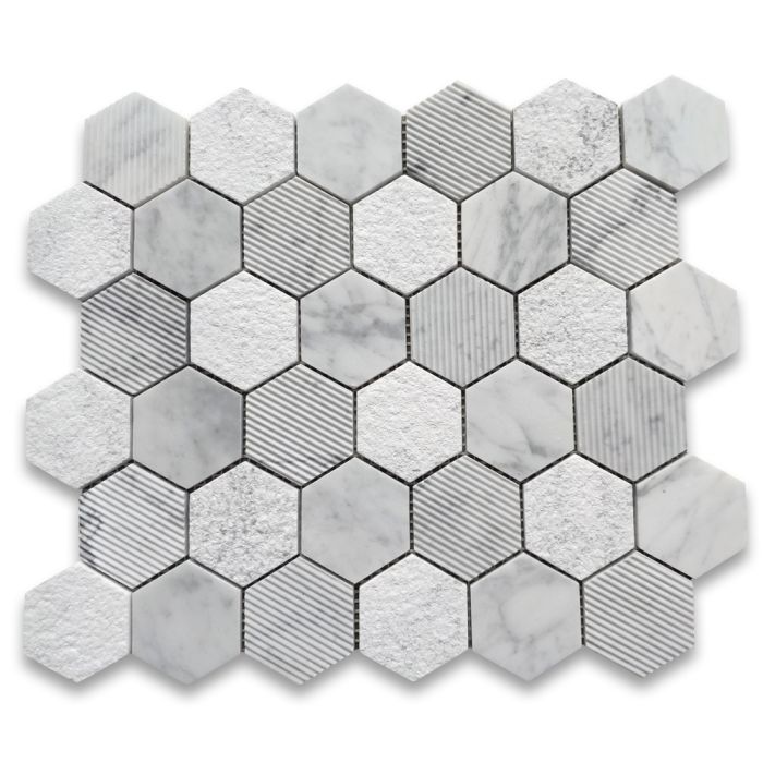 Carrara White Marble 2 inch Hexagon Mosaic Tile Honed Bush-hammered ...
