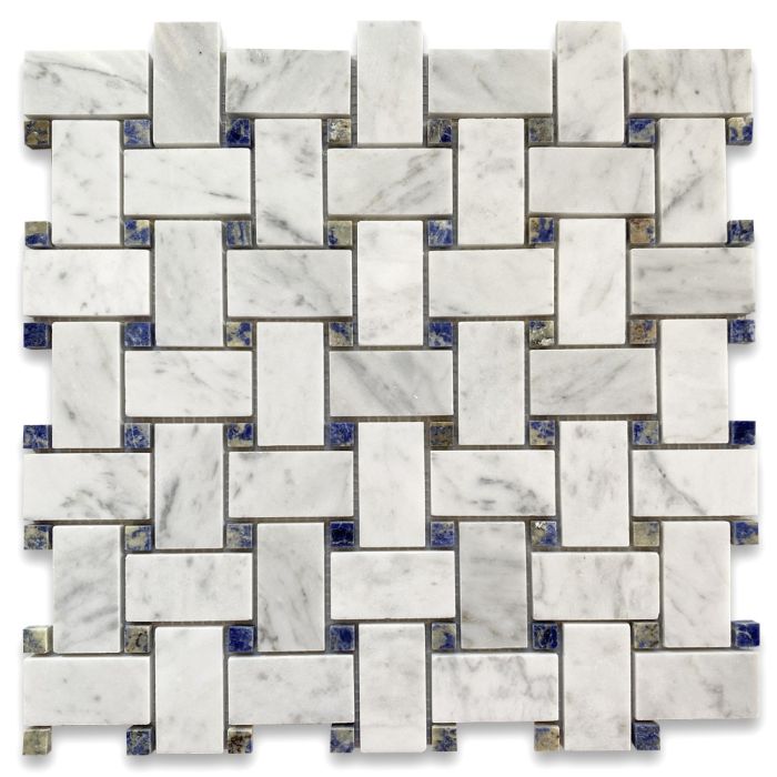 Carrara White Marble 1x2 Basketweave Mosaic Tile w/ Azul Macaubas Blue ...