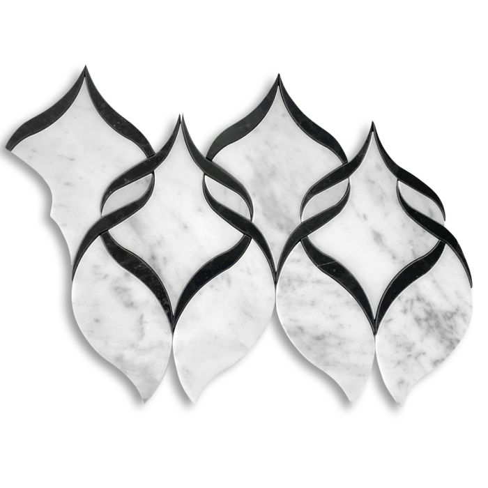 Carrara White Marble Helix Ribbon Waterjet Mosaic Tile w/ Nero Marquina ...