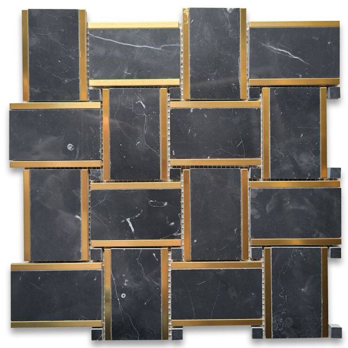Nero Marquina Black Marble 2x3 Basketweave Mosaic Tile w/ Brass Strips ...