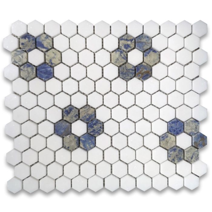 Thassos White Marble 1 inch Hexagon Rosette Mosaic Tile w/ Azul ...