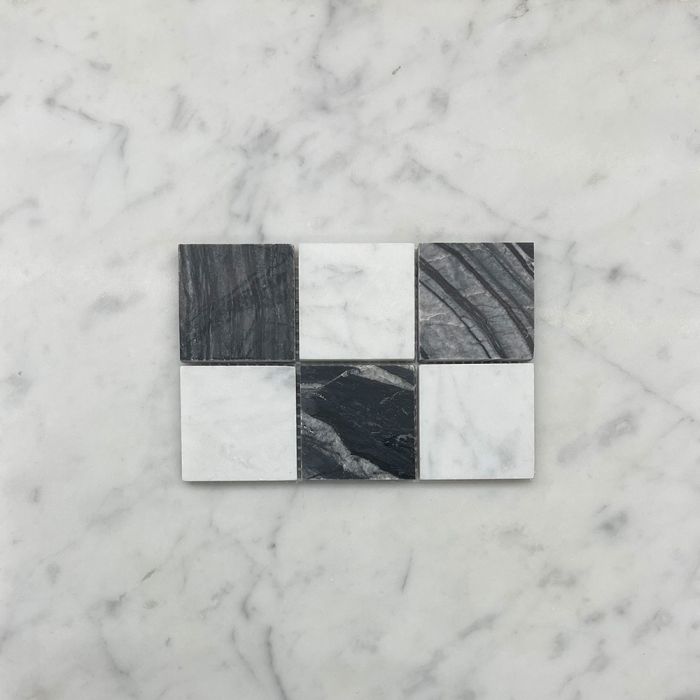 (Sample) Silver Wave Black Forest Carrara White Marble 2x2 Checkerboard ...