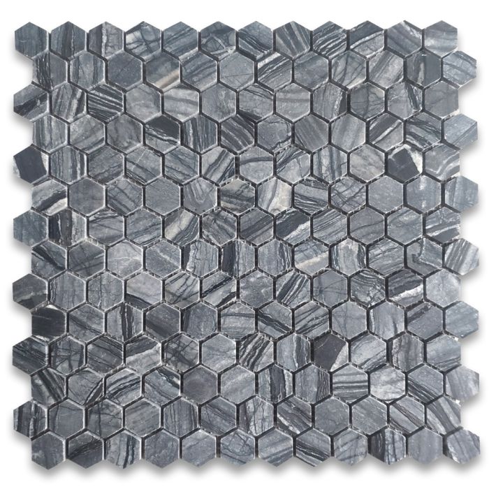 Silver Wave Black Forest Marble 1 inch Hexagon Mosaic Tile Honed ...