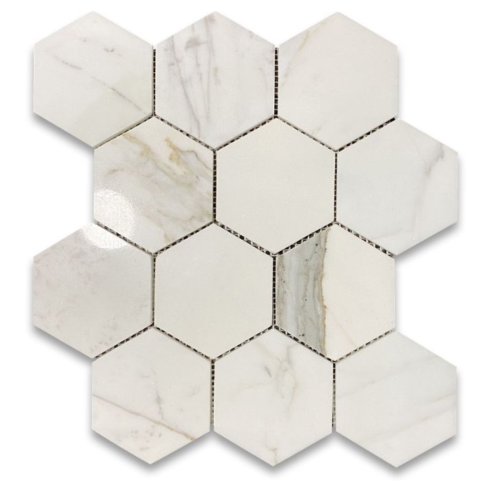 Calacatta Gold Marble 4 inch Hexagon Mosaic Tile Polished - Stone ...