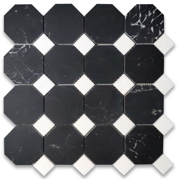 black pattern tile bathroom