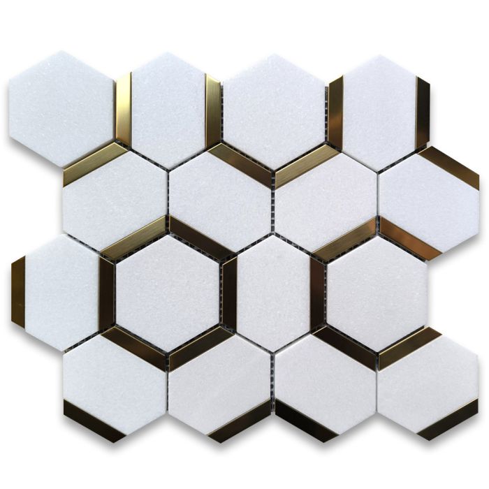 Thassos White Marble 3 inch Hexagon Mosaic Tile w/ Brass Strips Honed ...