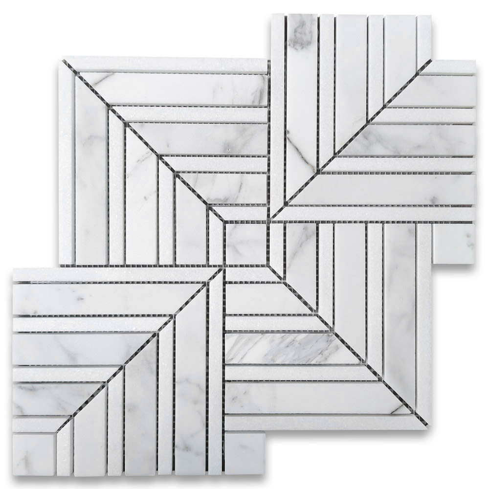 Statuary White Marble Maze Square Chevron Mosaic Tile w/ Thassos White ...