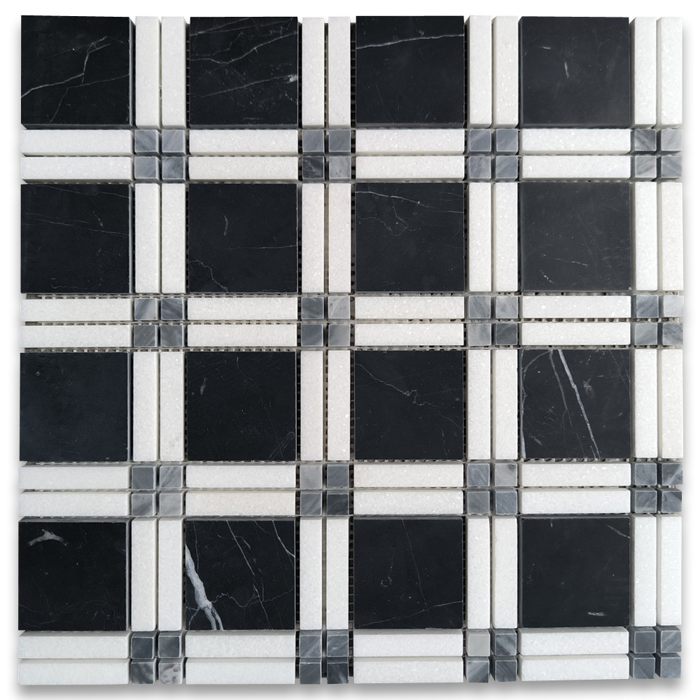 Nero Marquina Black Marble Plaid Tartan Mosaic Tile w/ Bardiglio Gray ...