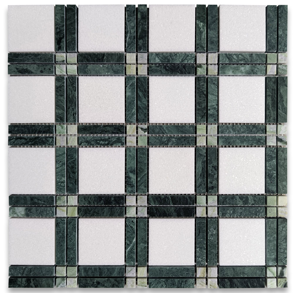 Thassos White Carrara White Marble Plaid Tartan Mosaic Tile w/ Indian ...